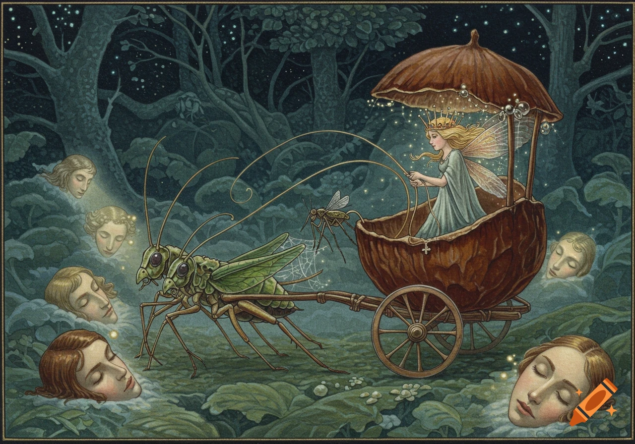 An illustrative scene of a fairy riding a grasshopper-drawn nutshell ...