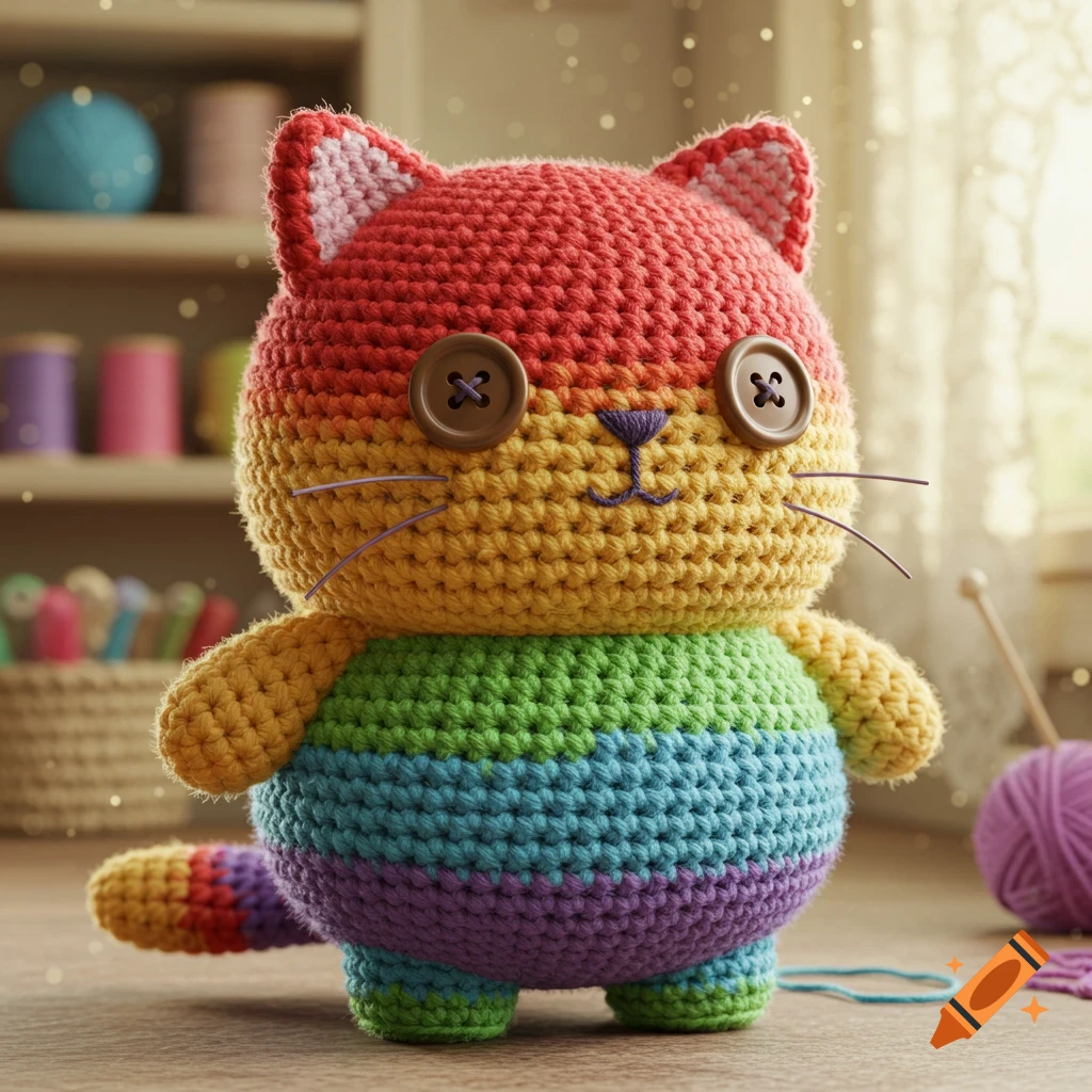 A colorful crochet cat toy with rainbow stripes sits on a wooden surface. on Craiyon