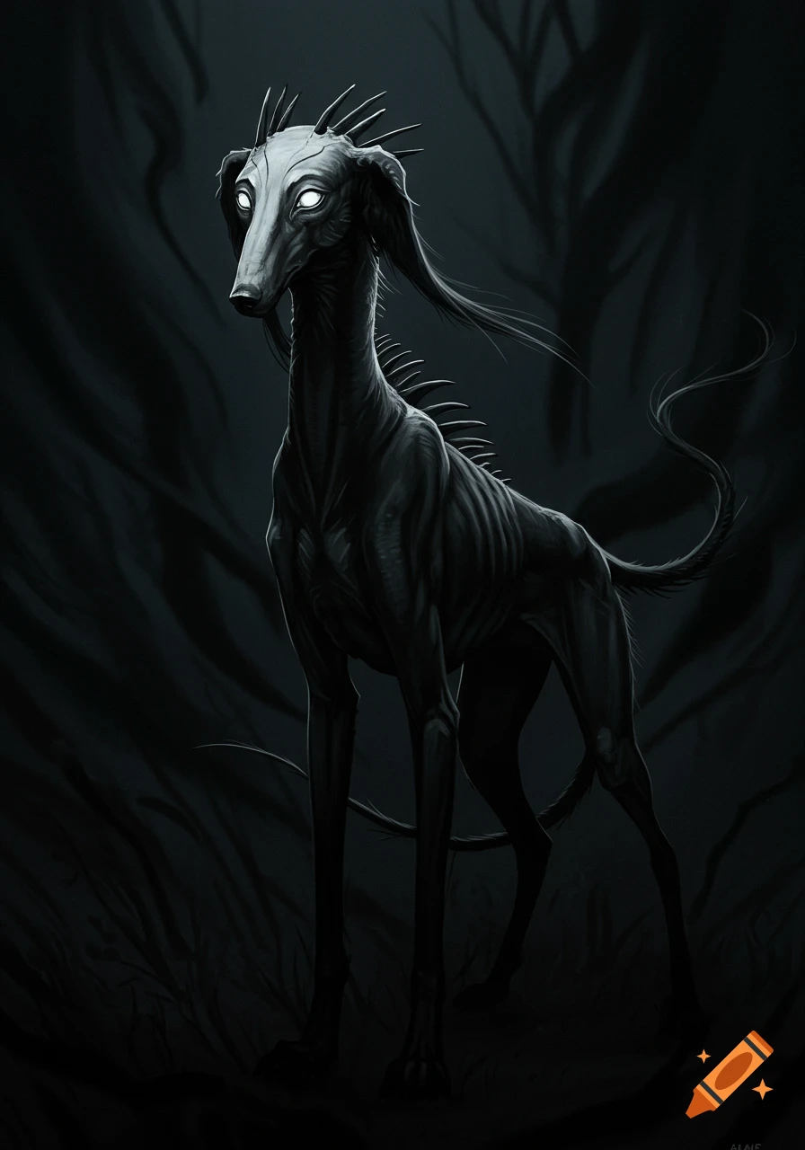 A long, lean, black shadowy dog-like creature with glowing white eyes ...