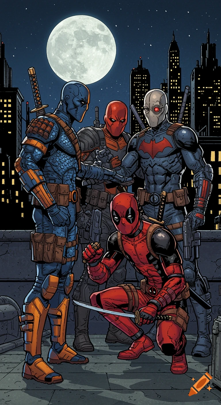 Deathstroke, Red Hood, Deadshot, and Deadpool pose on a rooftop under a ...