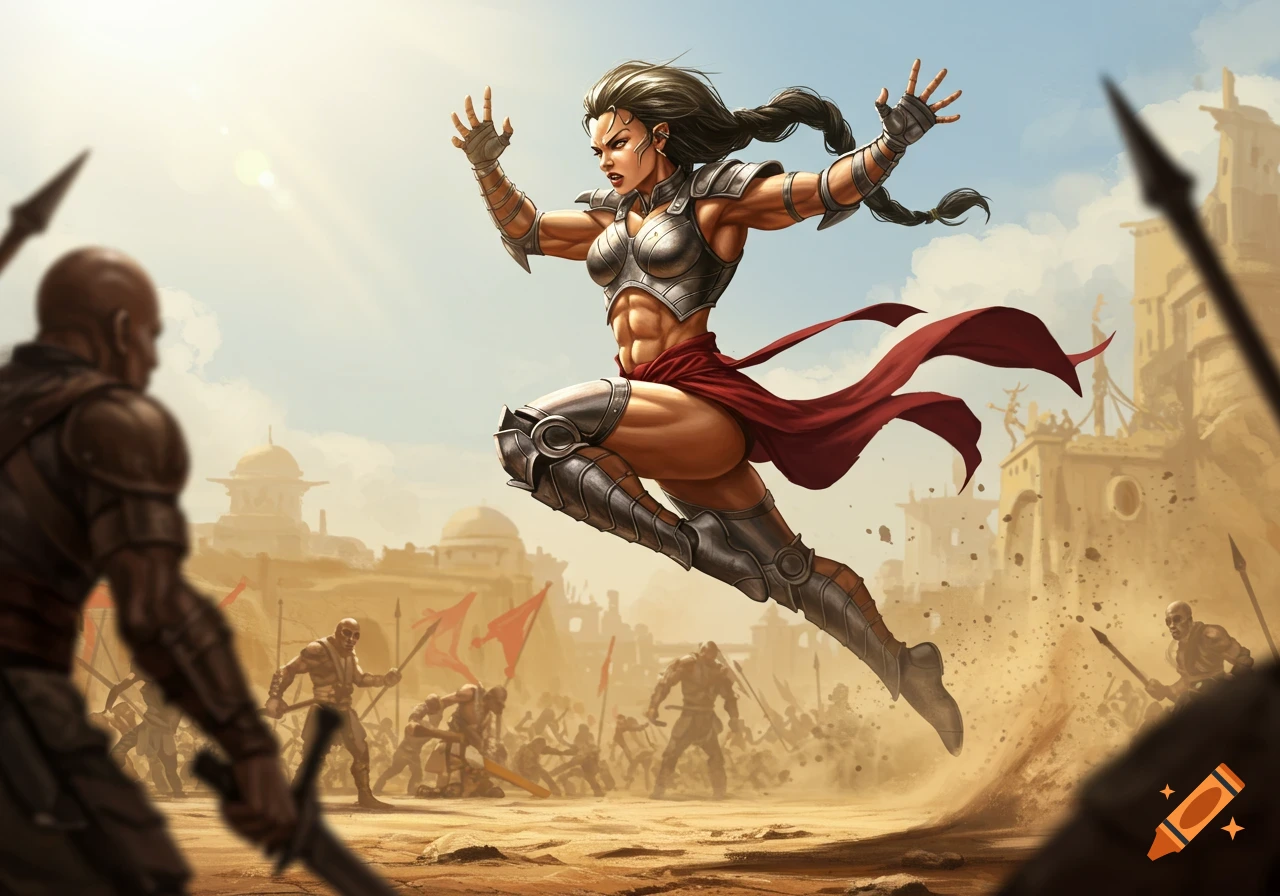 A muscular female warrior in armor and a red skirt leaps heroically over a desert battlefield ...
