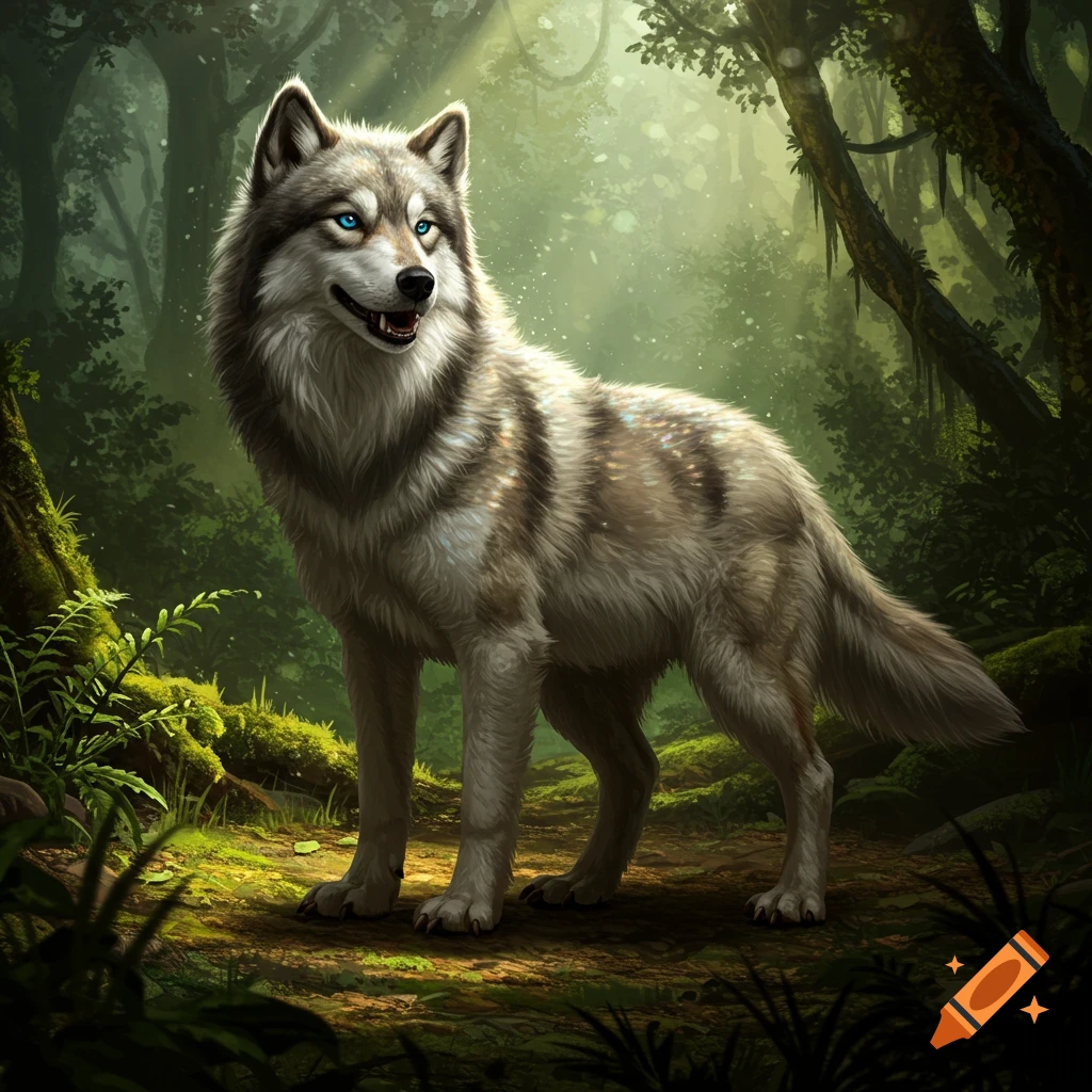 A detailed illustration of a gray wolf-like creature with green hair ...