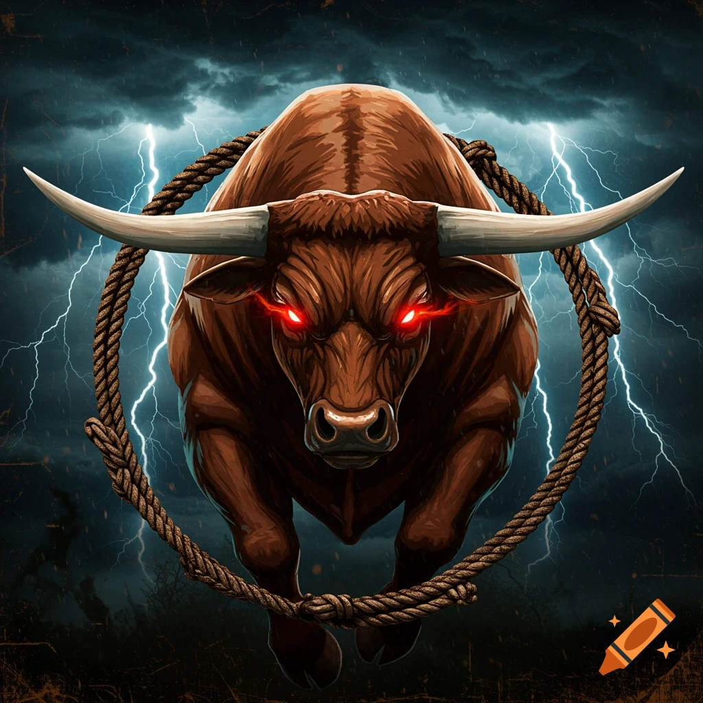Stylized illustration of a menacing brown bull with glowing red eyes ...