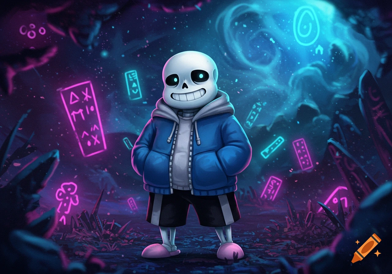 A cartoon skeleton character, Sans from Undertale, dressed as a rapper ...