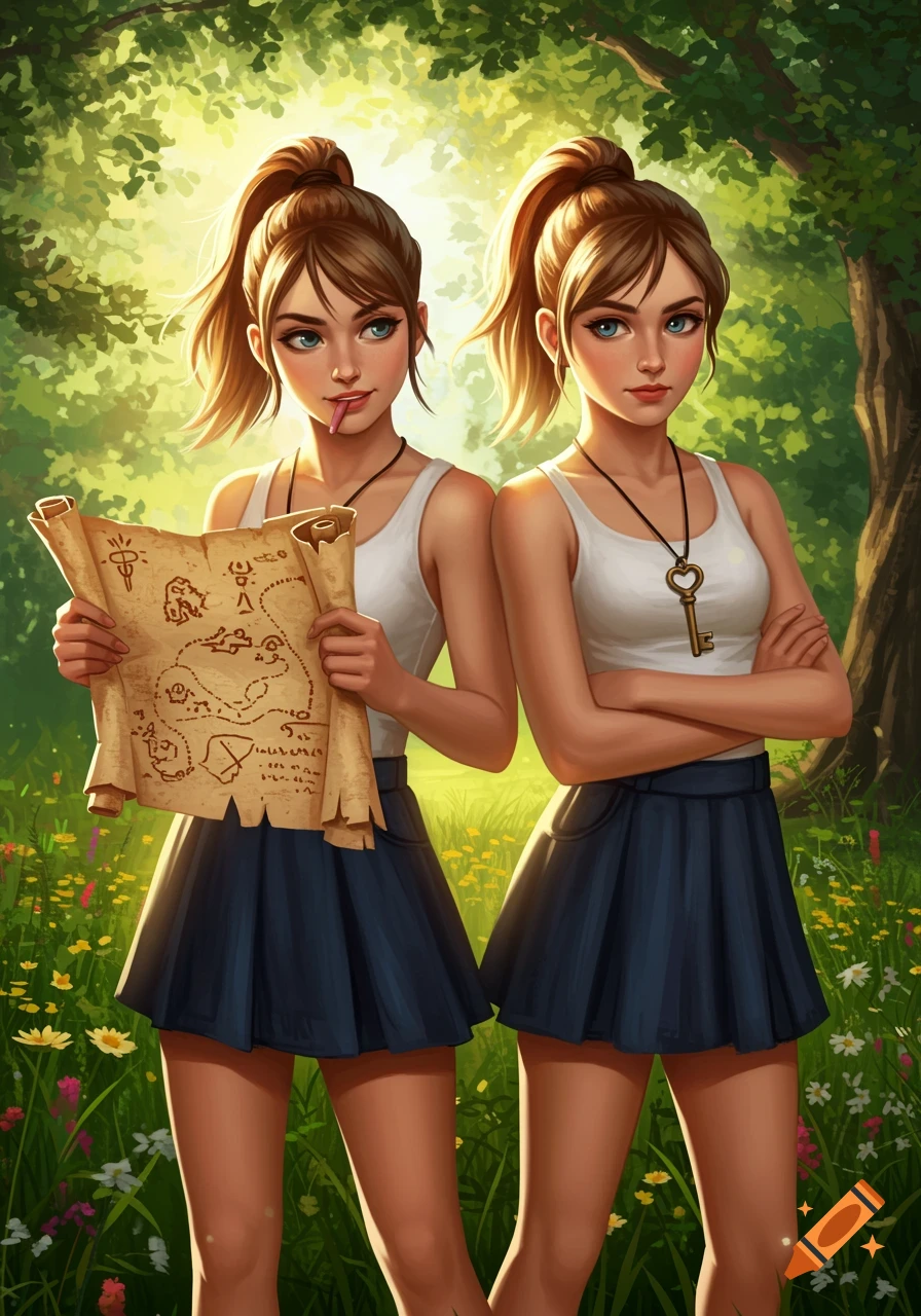 Two cartoon-style teenage girls in a forest. One holds a treasure map ...