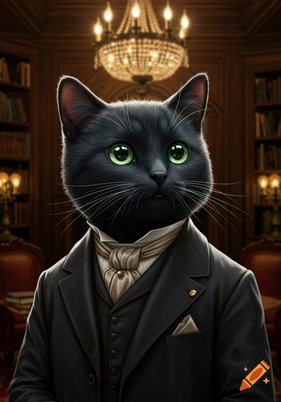 A dapper black anthropomorphic cat with green eyes wearing a formal ...