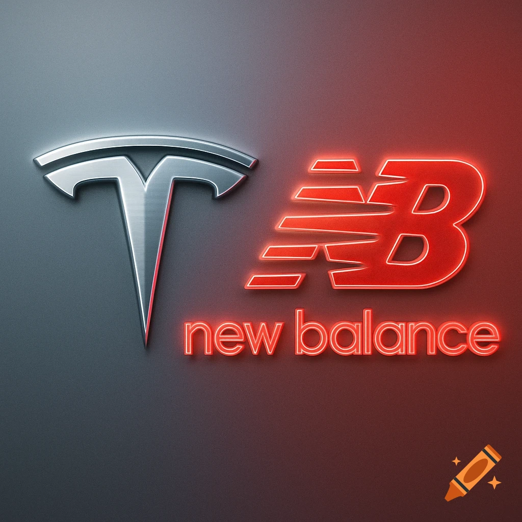 A metallic silver Tesla logo next to a red neon New Balance logo with ...