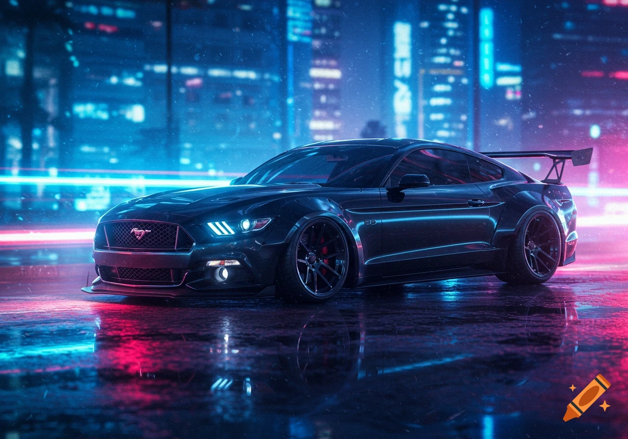 A sleek black modified Mustang sports car is parked on a wet street at ...