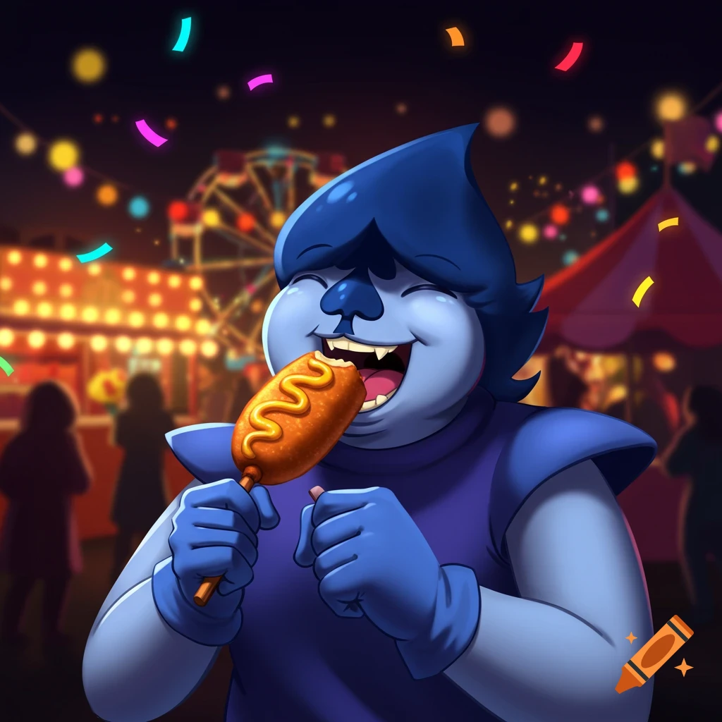 Cartoon illustration of Lancer from Deltarune happily eating a corn dog at a festive night ...