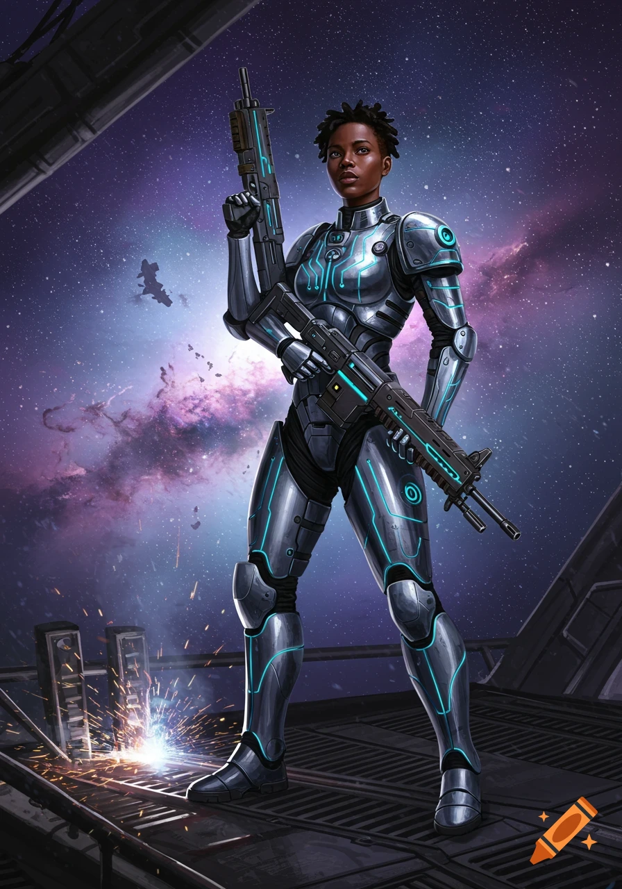 A black female space marine in a metallic suit with glowing blue ...