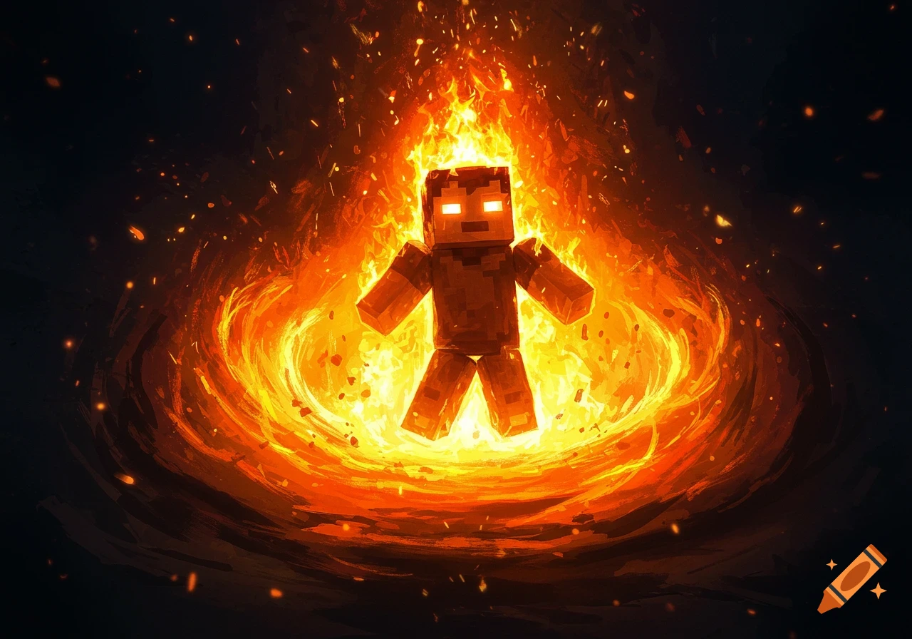 A blocky Minecraft-style character with glowing eyes stands amidst a ...