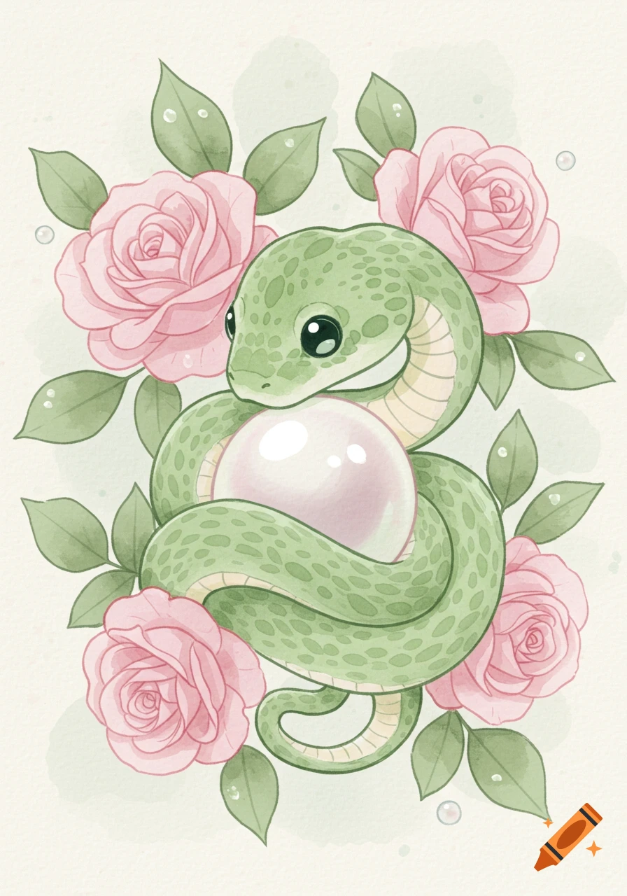 A cute chibi green snake wrapped around a shiny pearl, surrounded by ...