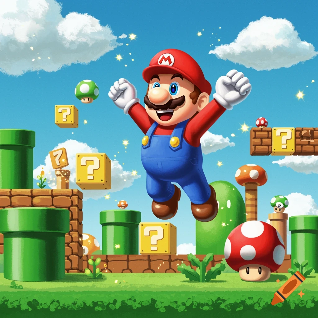 Mario jumping with arms raised in a vibrant Super Mario Bros. level ...