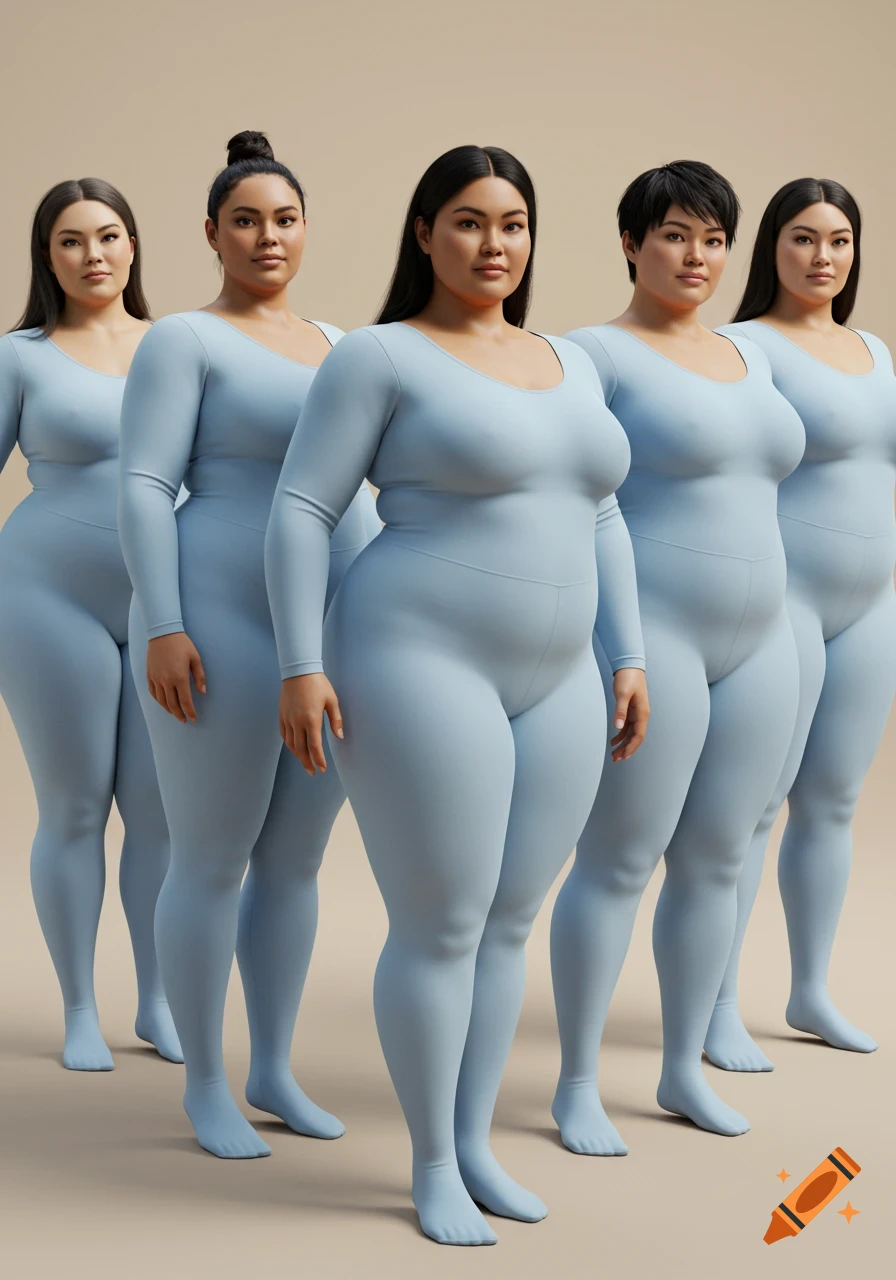 Five plus-size women in light blue long-sleeve leotards and footed ...