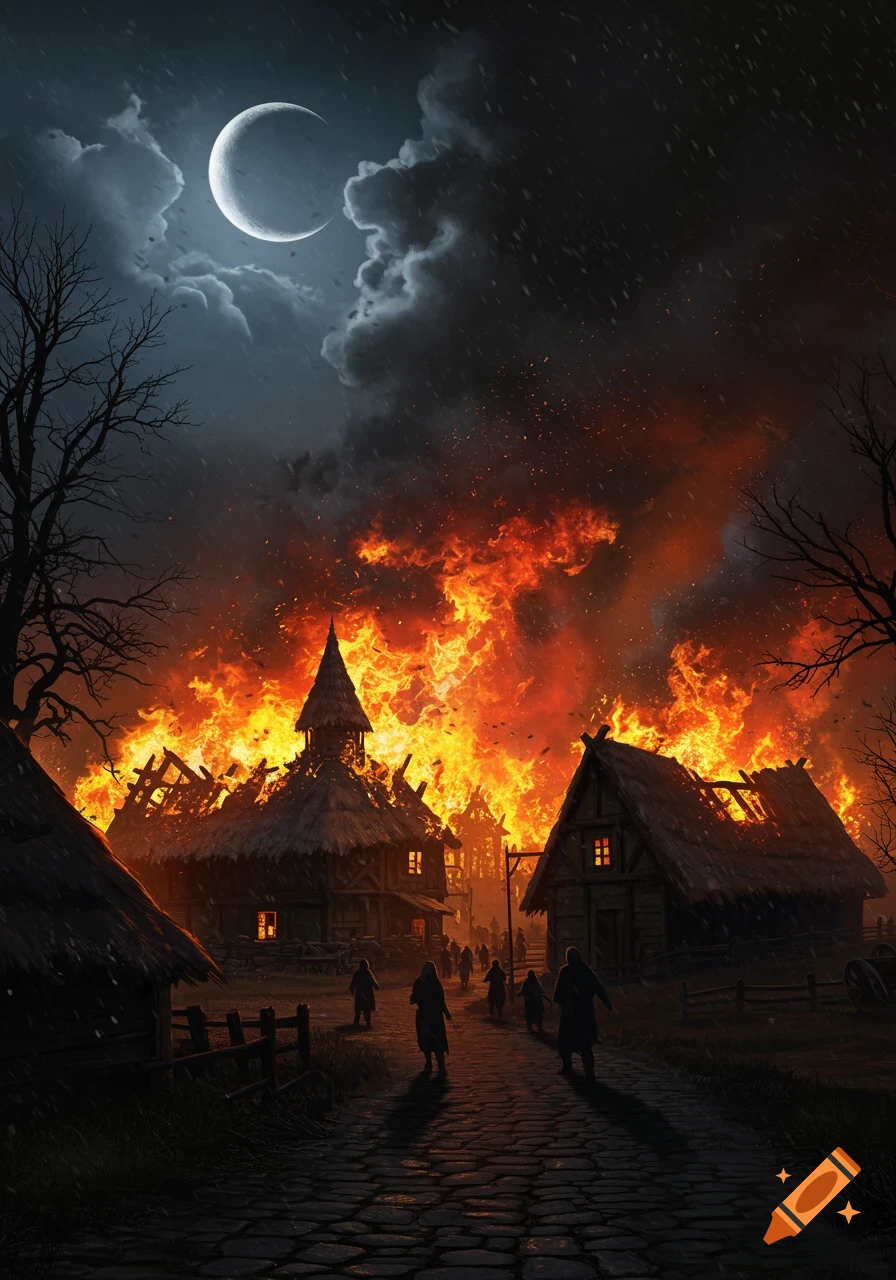 A fantasy tornado of frogs strikes a burning city under a meteorite ...