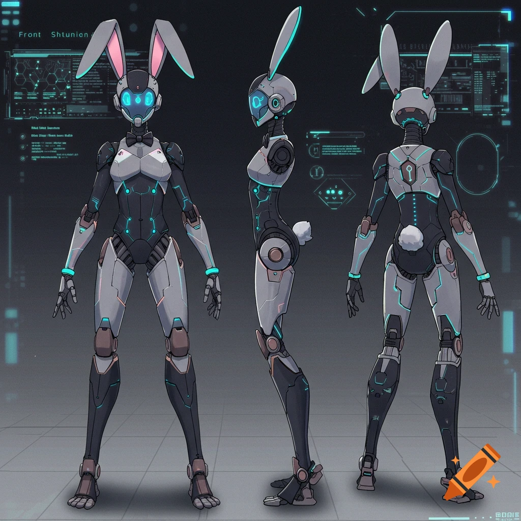 A detailed character sheet displaying front, side, and back views of an ...