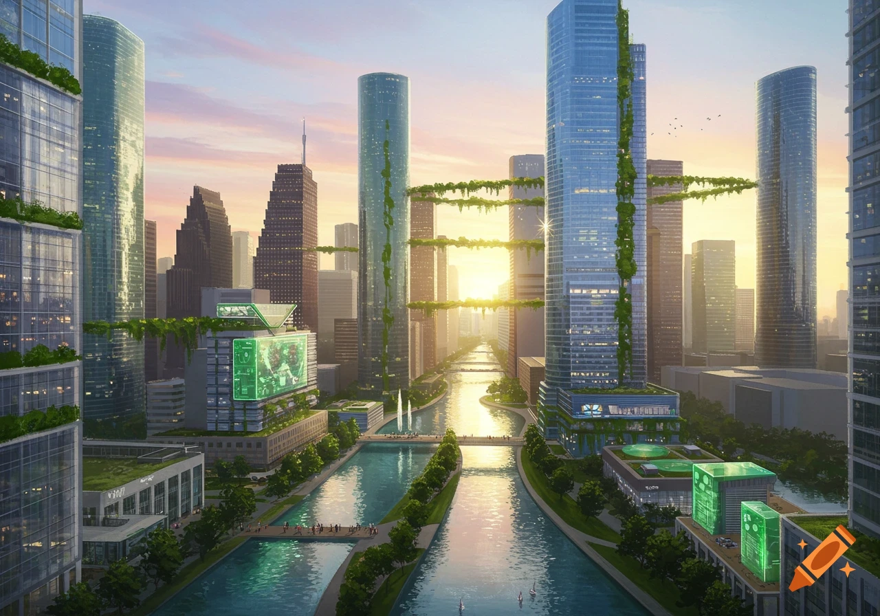 Futuristic city skyline at sunset with green buildings, a river ...