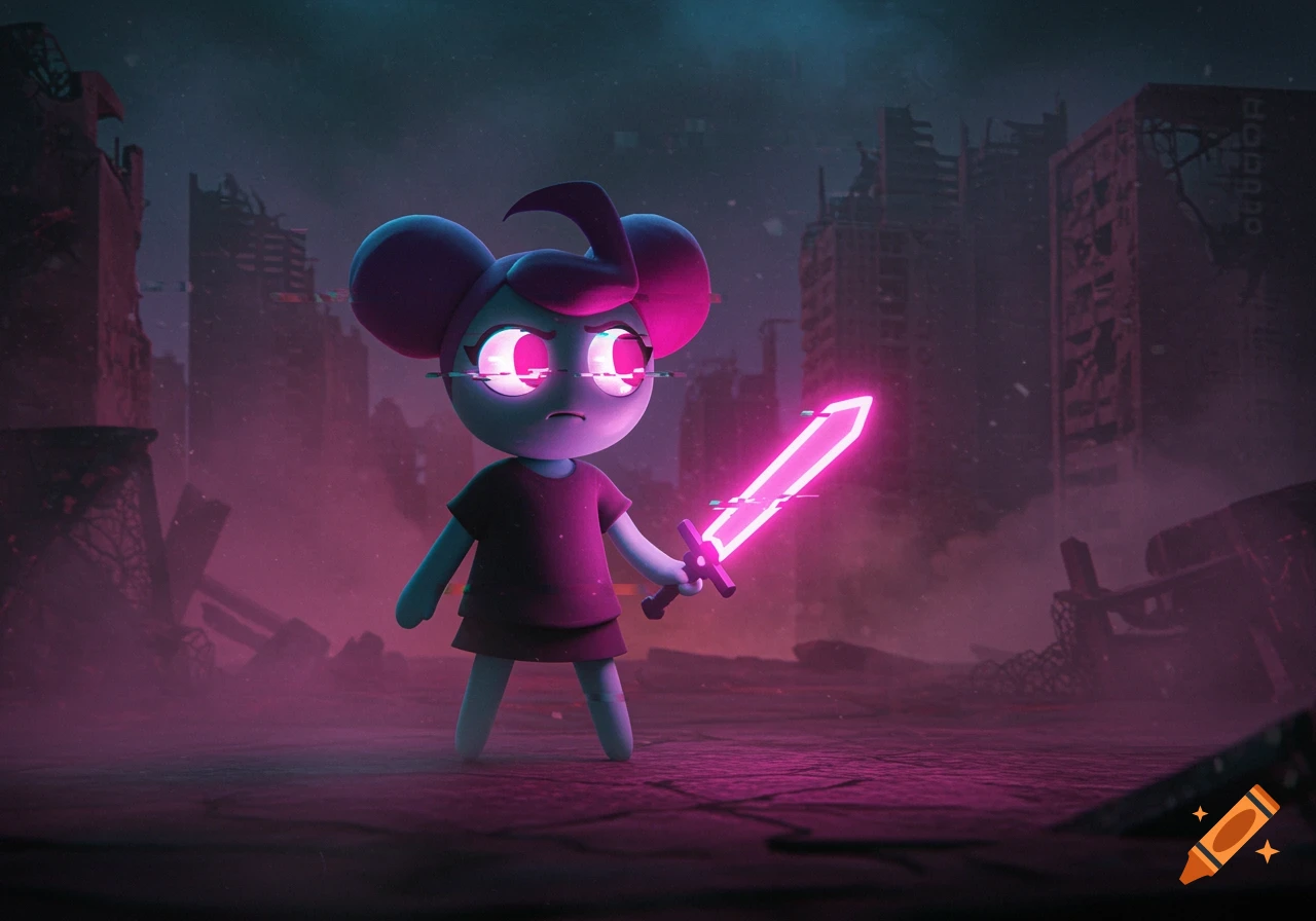 A cartoon character with pink glowing eyes and a glowing pink sword ...