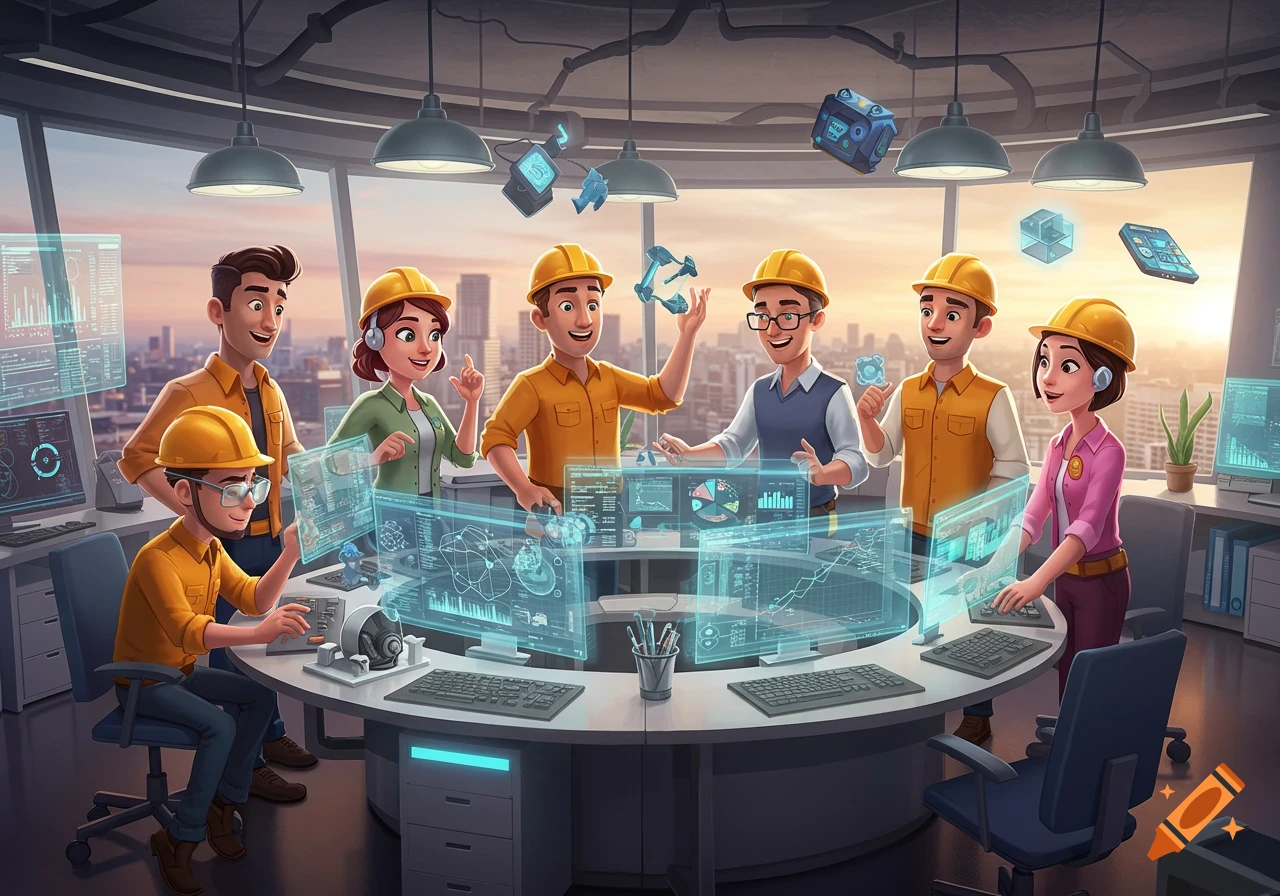 A diverse team of cartoon engineers in hard hats and vests collaborate around a table, looking ...