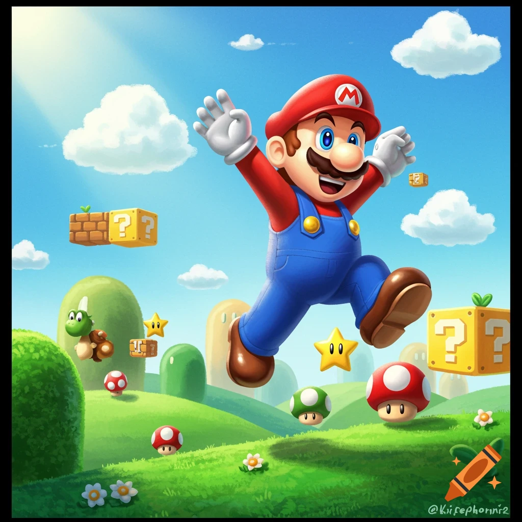 Mario jumping excitedly in a vibrant, cartoonish Super Mario landscape ...