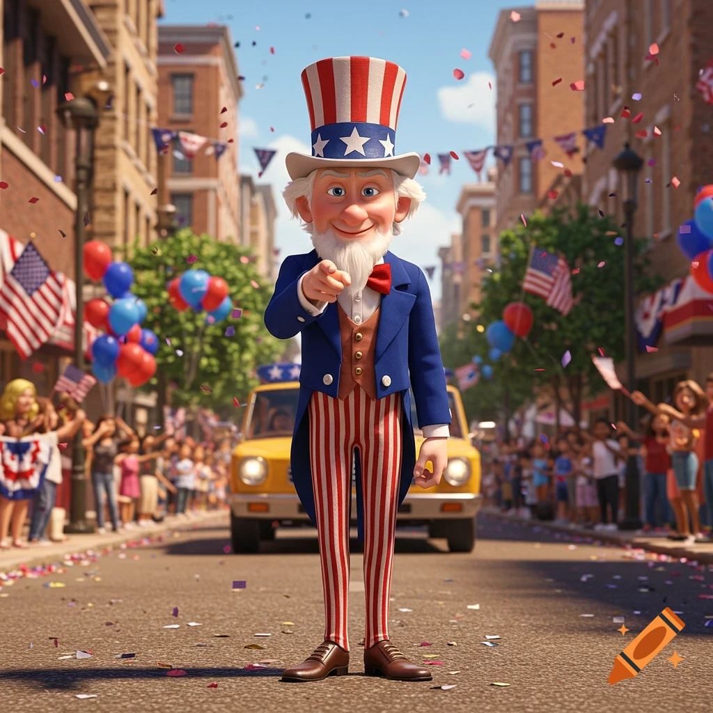 A smiling 3D Uncle Sam in a red, white, and blue suit points forward ...