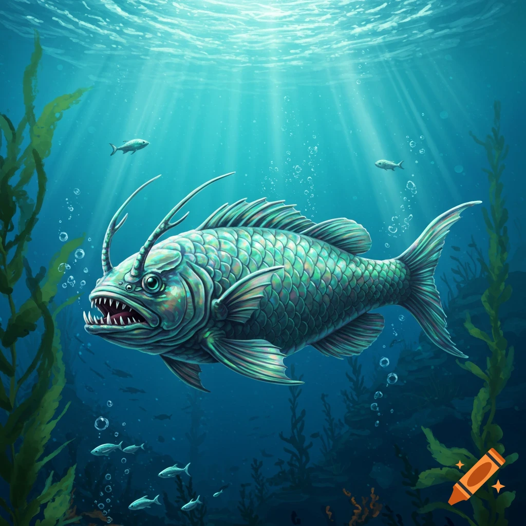 A blue pickup truck with a large fish for a body parked on a small ...