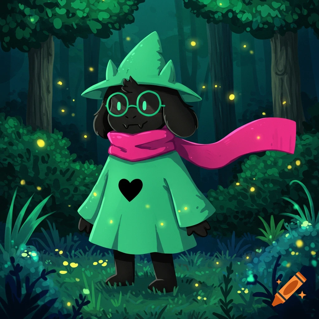 Ralsei from Deltarune, a dark-furred creature with a green hat, pink ...