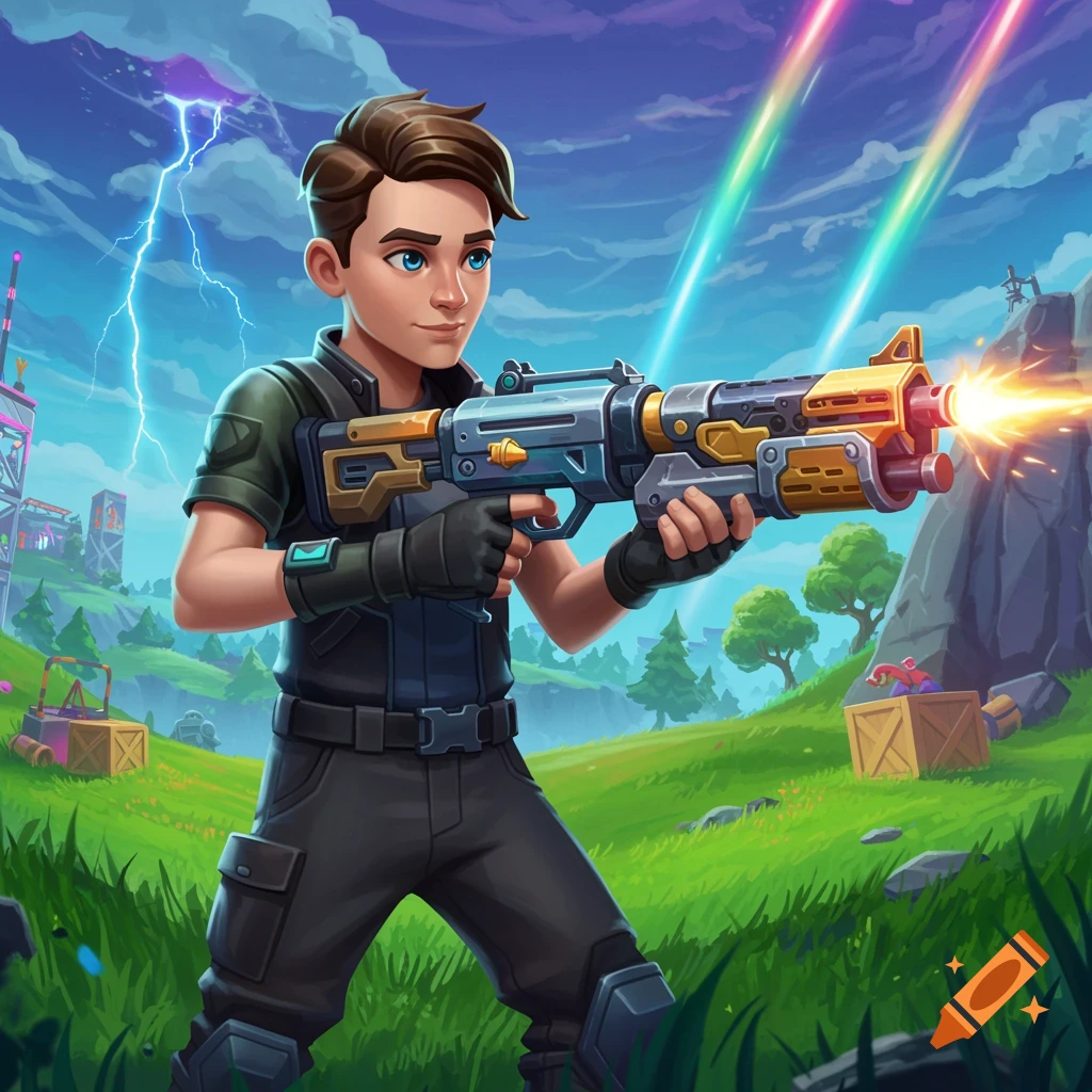 Illustrated Fortnite character jumping in a colorful landscape. on Craiyon