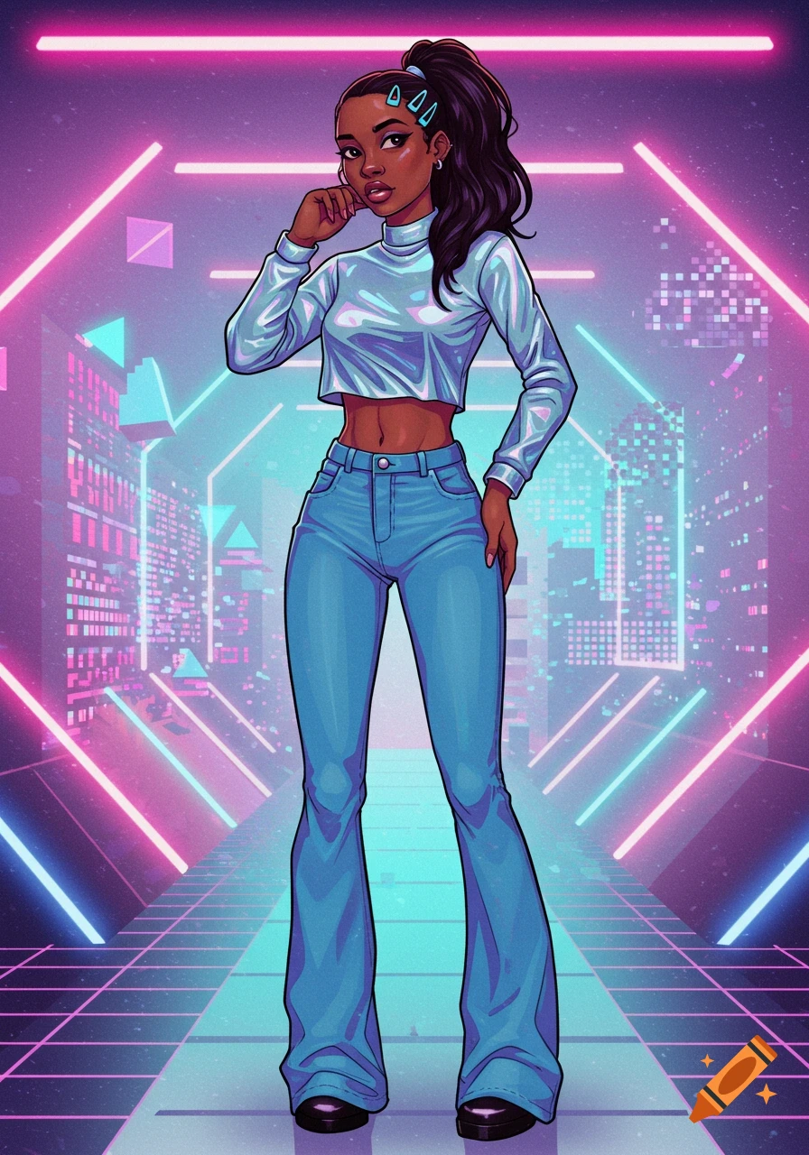 A stylized Black female character stands in a neon-lit synthwave city ...