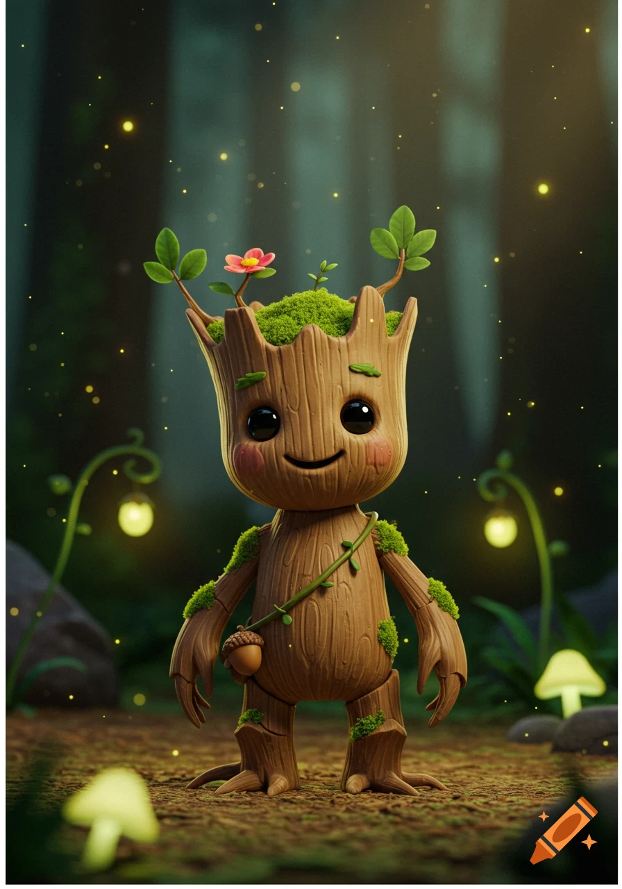 A cute, smiling tree creature with big eyes, moss, leaves, and a flower ...