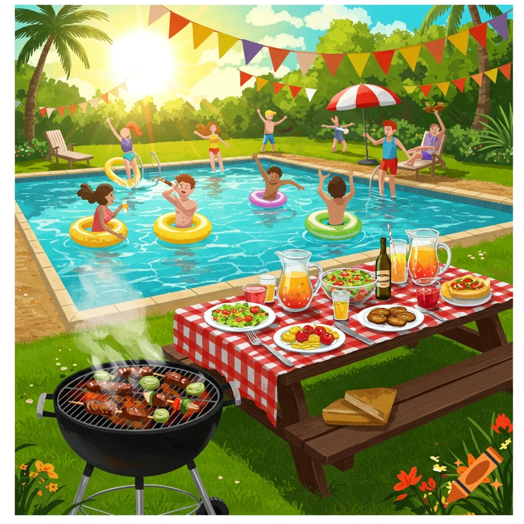 Vibrant illustration of a pool party with people swimming, a BBQ grill ...