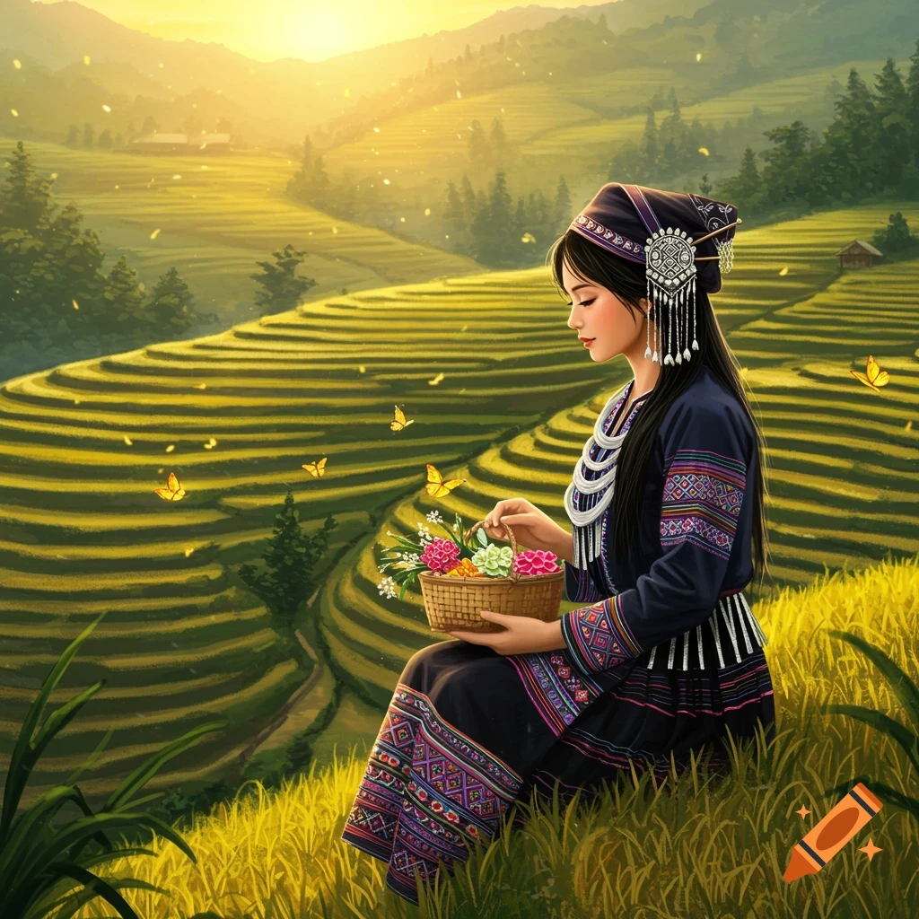 A man and woman in richly patterned traditional Zhuang clothing stand ...