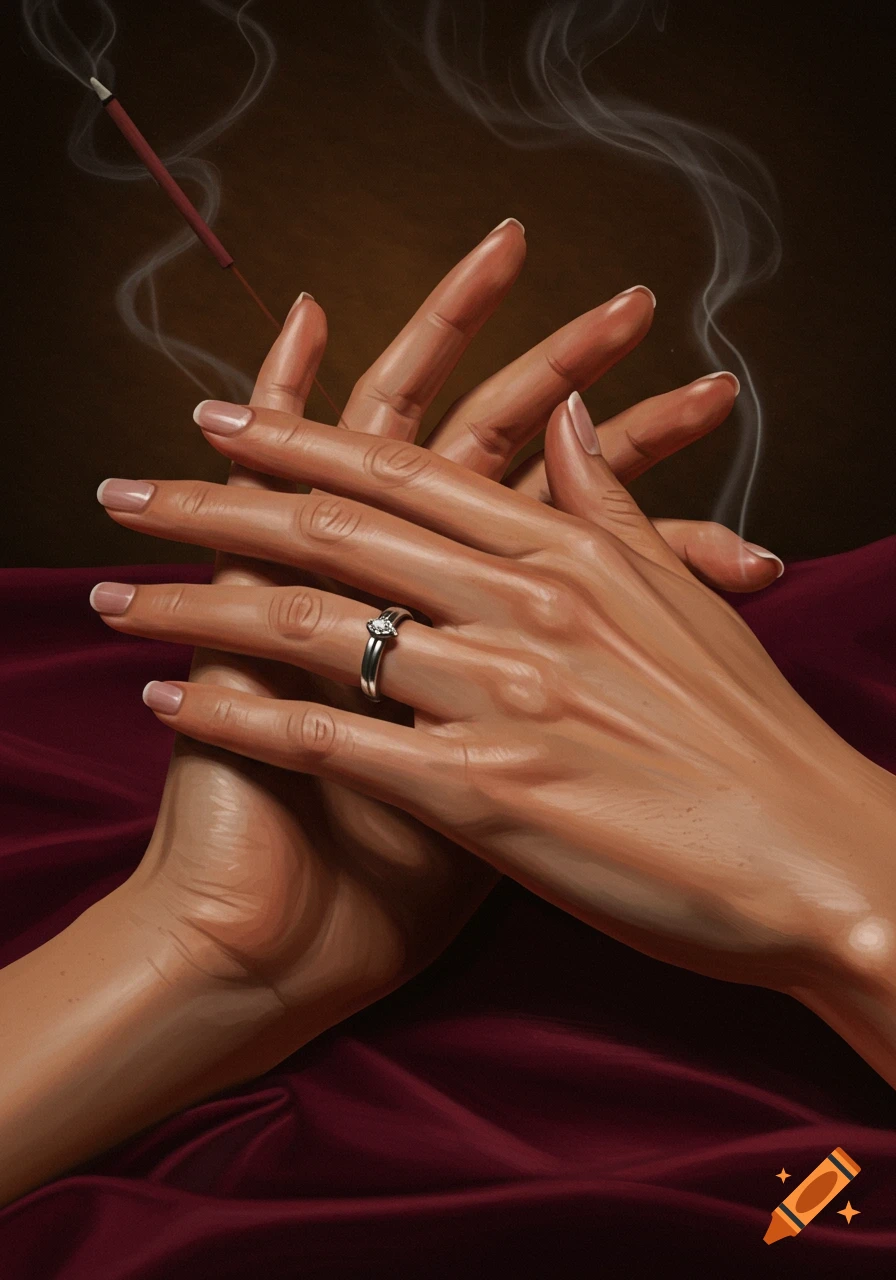 Two hands intertwined over red fabric, one with a diamond ring. An ...