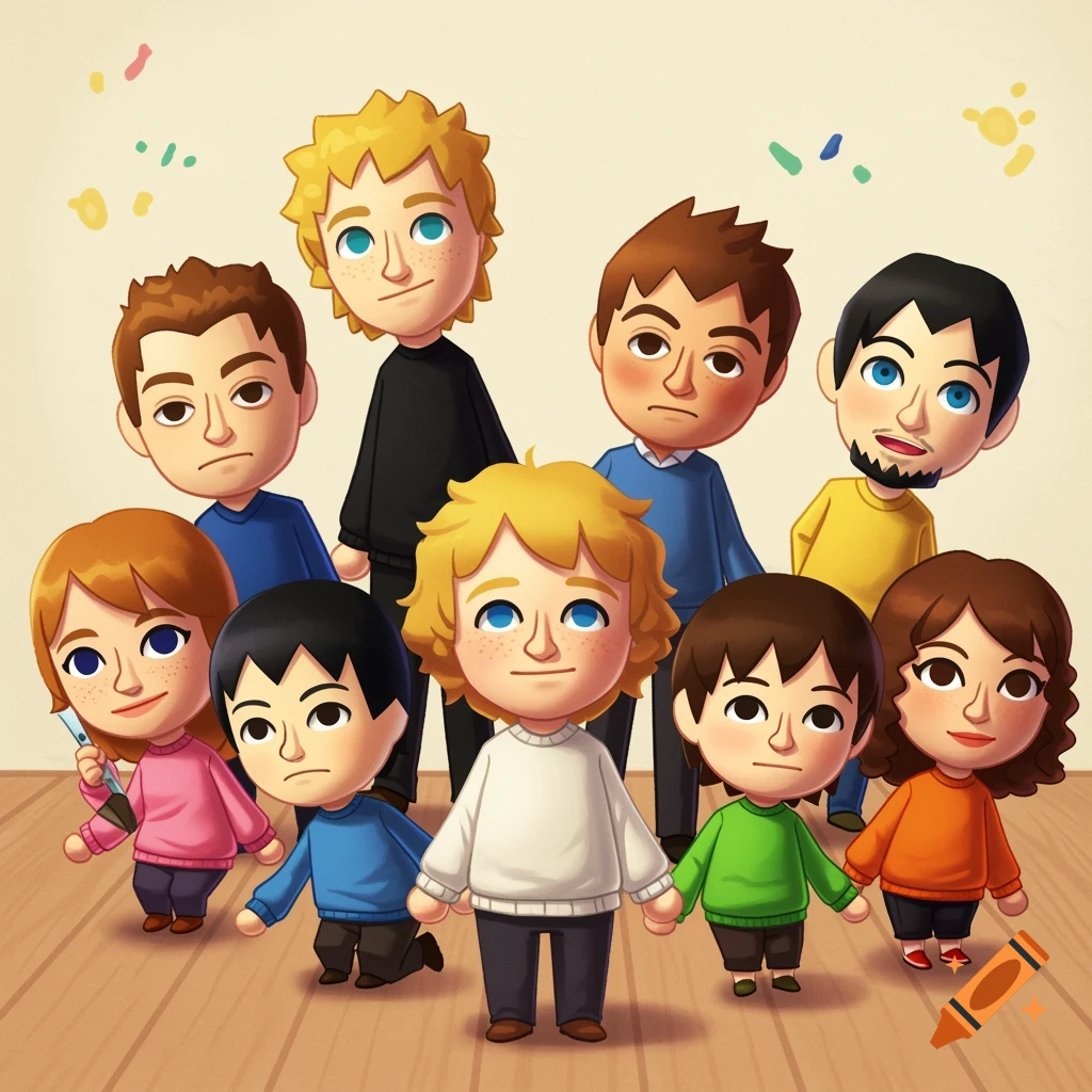 A group of eight diverse Mii-style characters of various ages and ...
