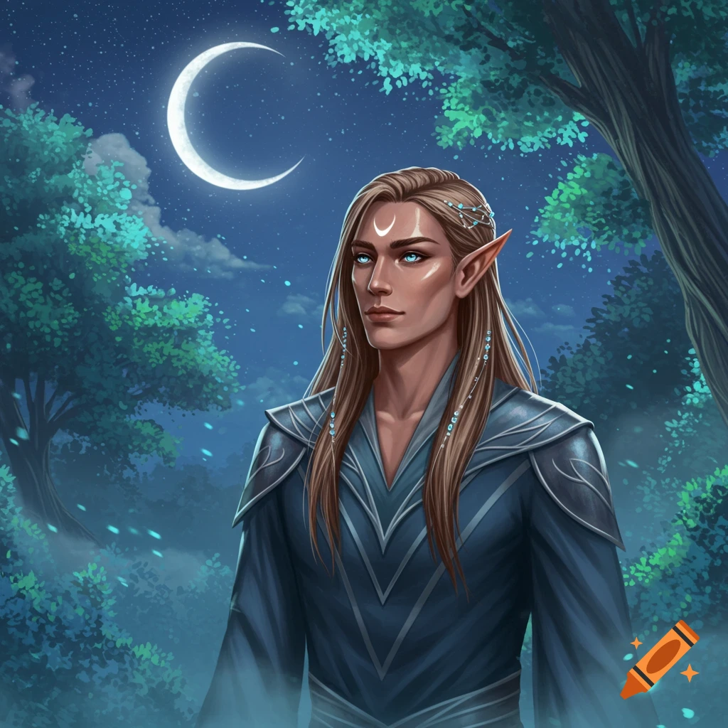 A striking male elf with long white hair, antlers, and glowing eyes ...