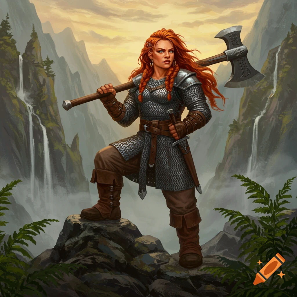 A female half wood elf ranger with light hazel eyes, dark braided hair ...