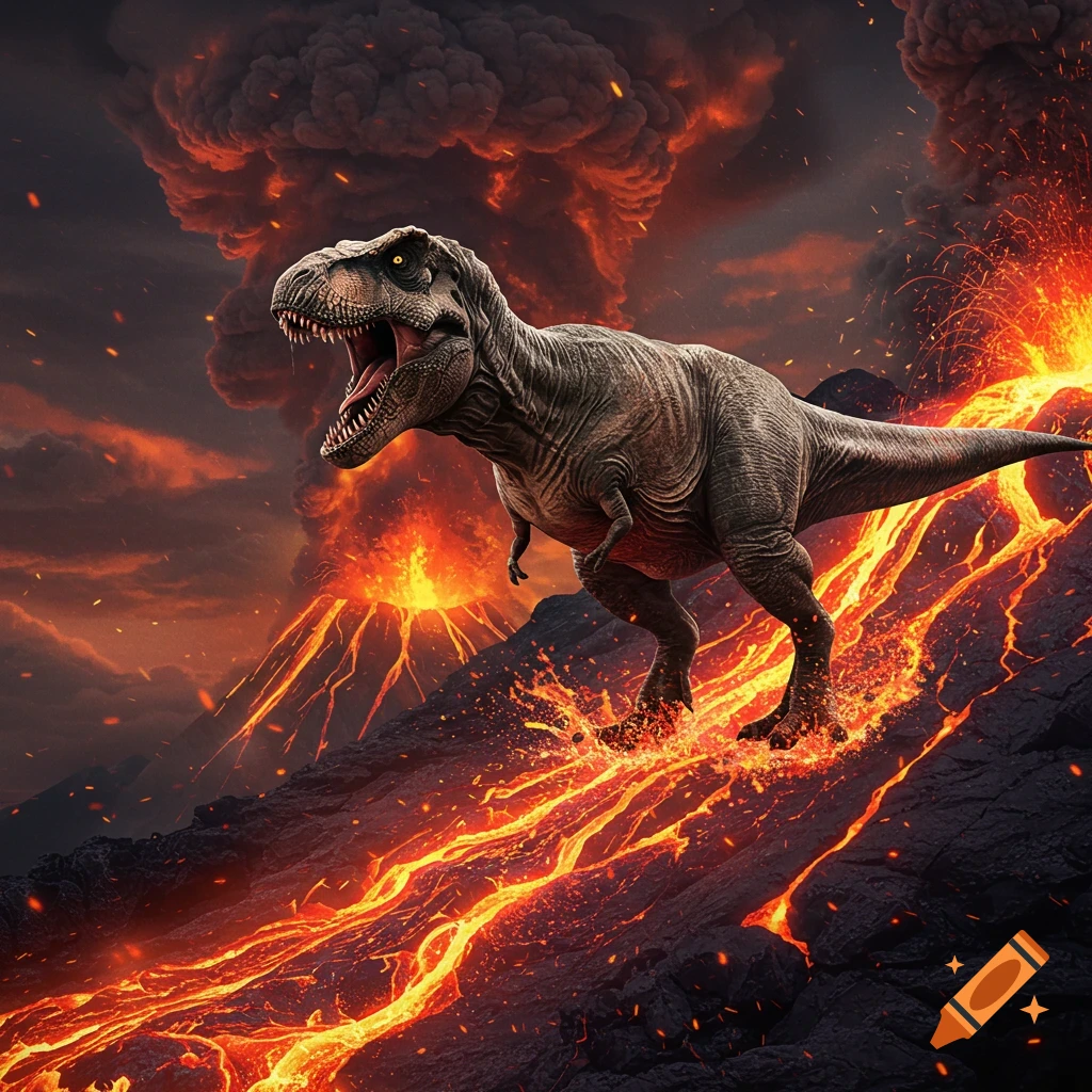 A powerful T-Rex runs down a mountain of flowing lava with an erupting volcano in the background ...