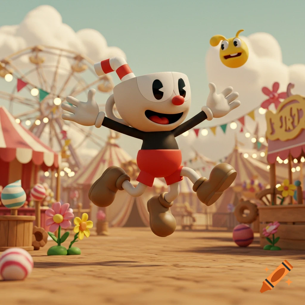 3D cartoon Cuphead character jumping happily at a vibrant carnival with ...