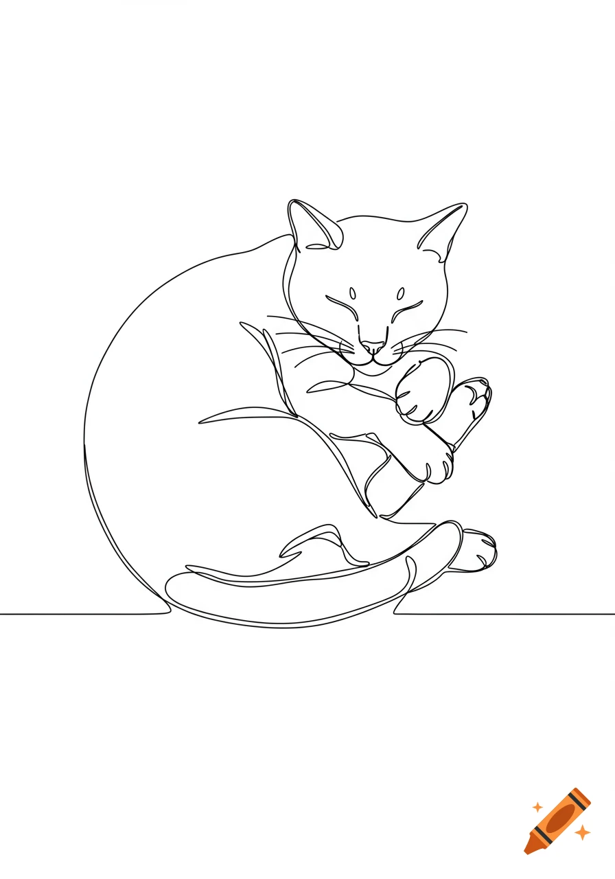 A black and white line drawing of a cat curled up and asleep in a ...