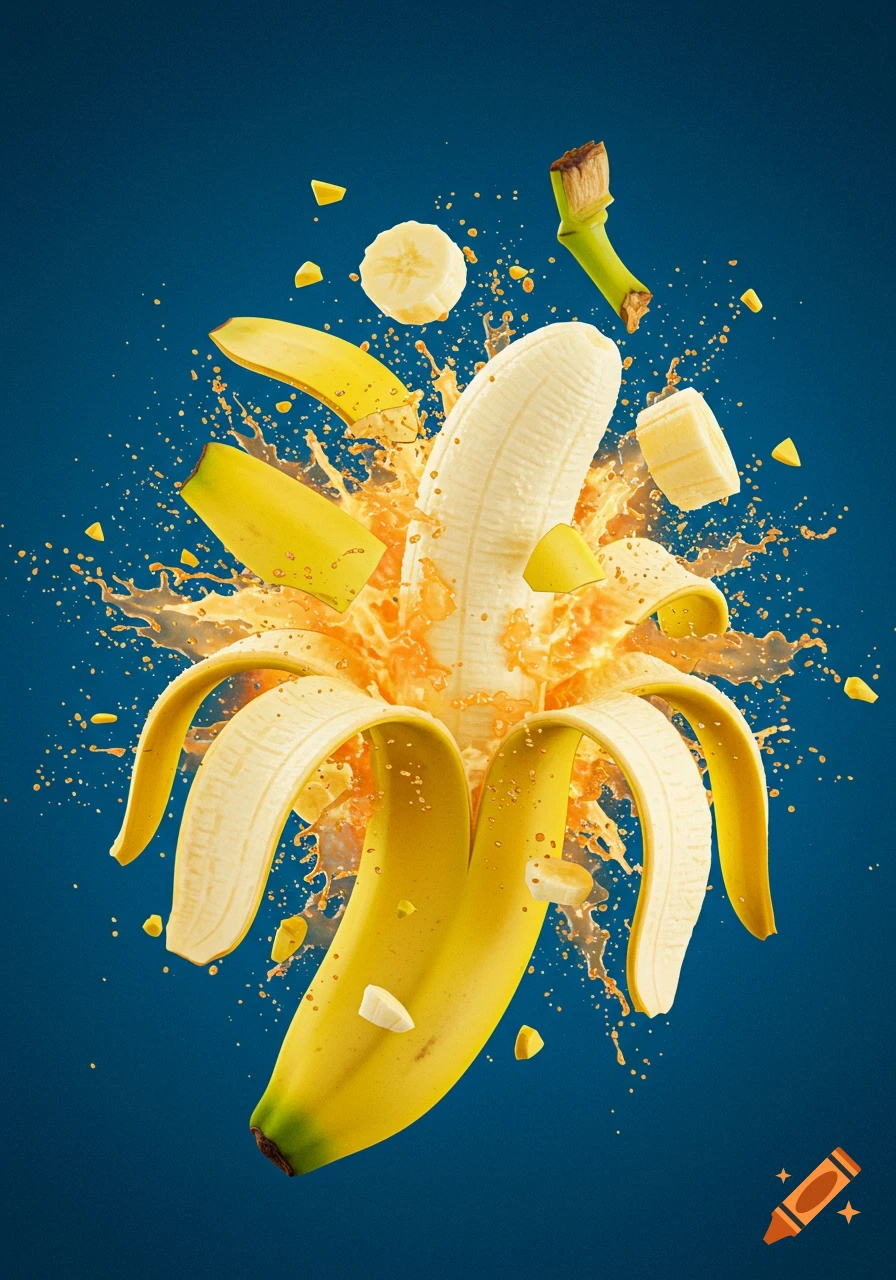 A peeled banana exploding with juice and pieces, set against a dark ...