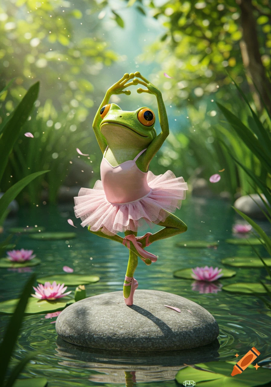 Green tree frog with third eye in pink flower bush on Craiyon