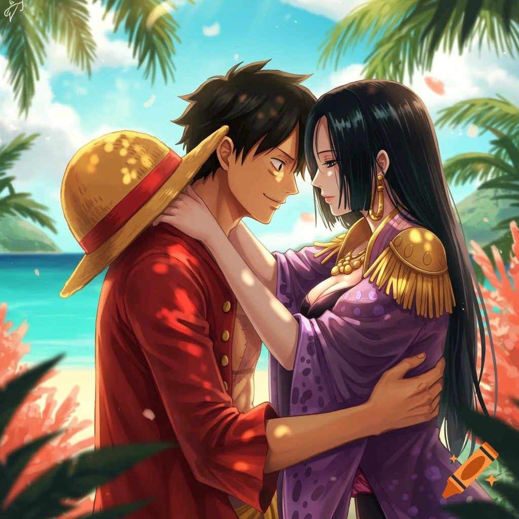 Anime characters Luffy and Hancock embrace on a beach at sunset, with ...