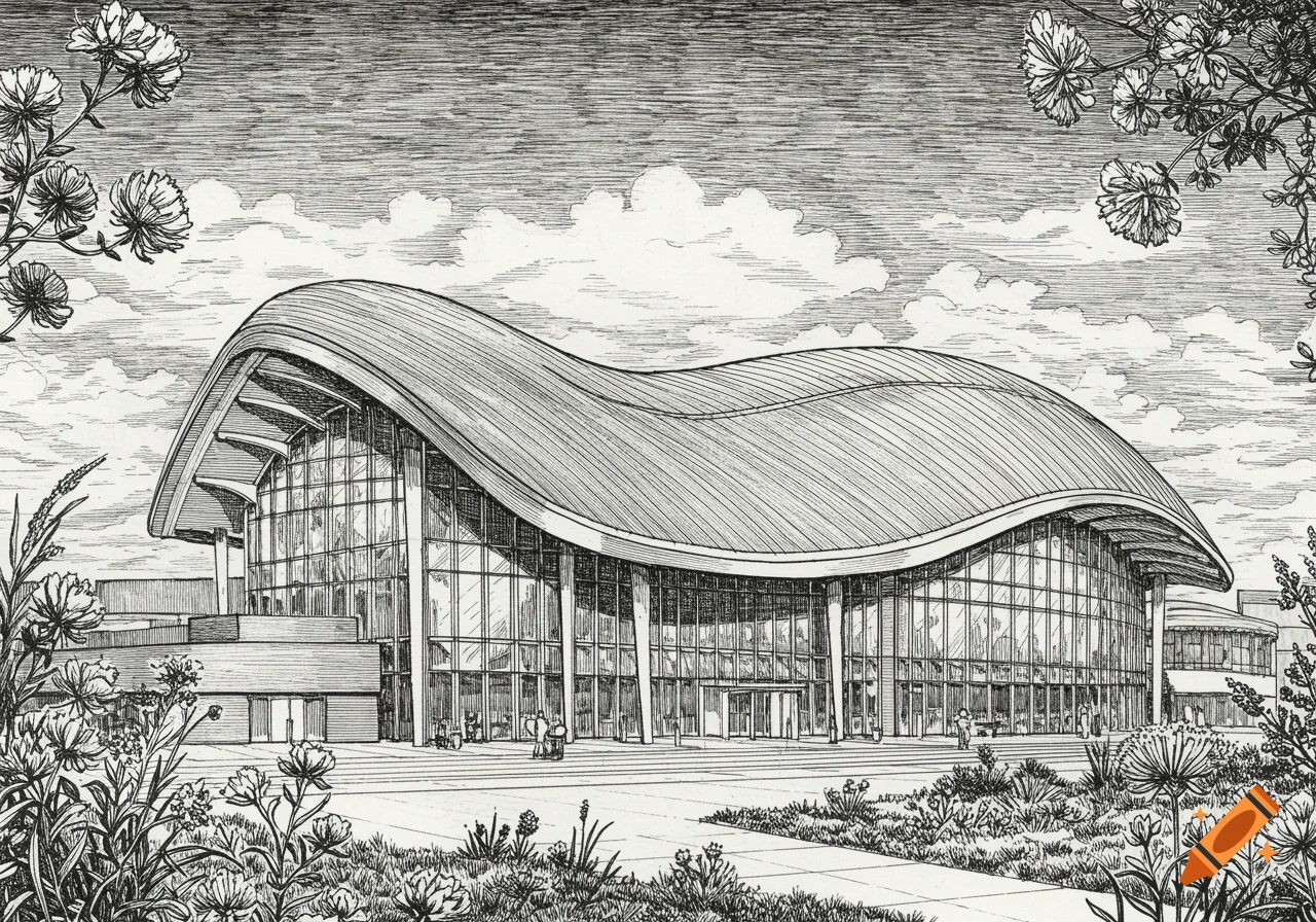 A detailed line drawing depicts the Senedd building in Cardiff, Wales ...