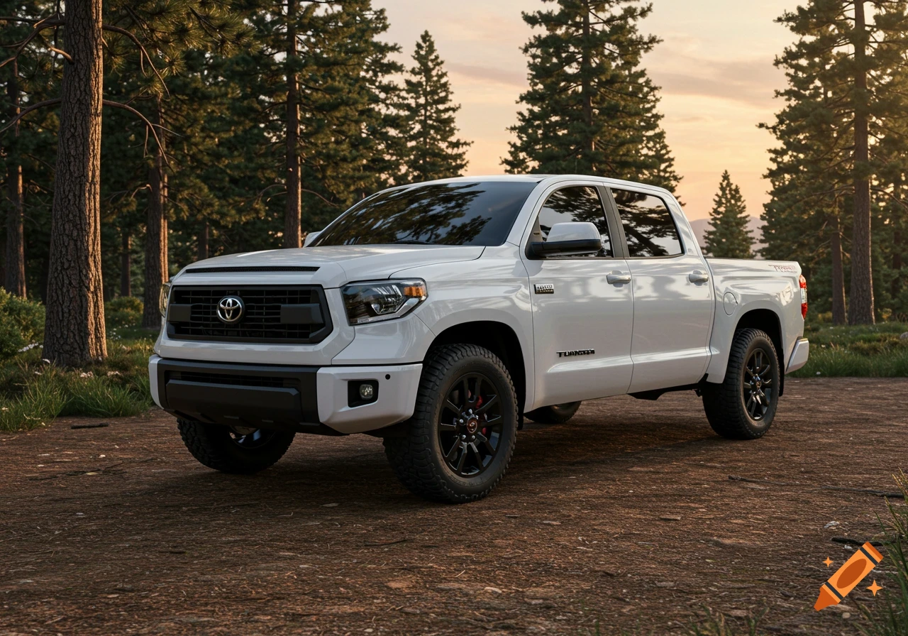 White Toyota Tundra pickup truck parked on a dirt path in a forest at ...