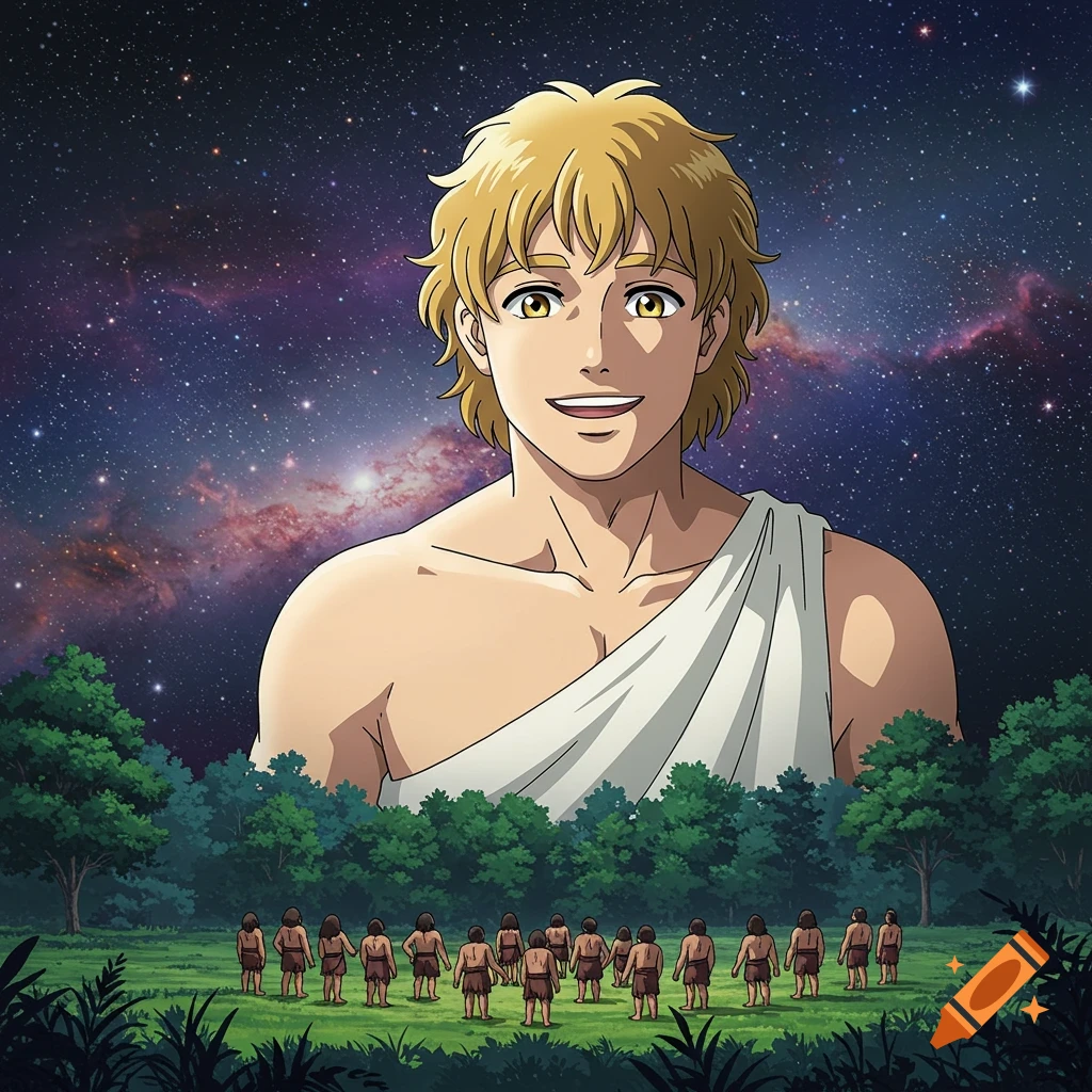 A giant anime man with blond hair and a white chiton smiles down at ...