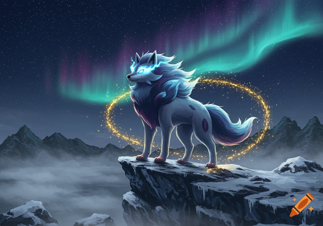 A shimmering ice phoenix sculpture stands on a frozen lake under a ...