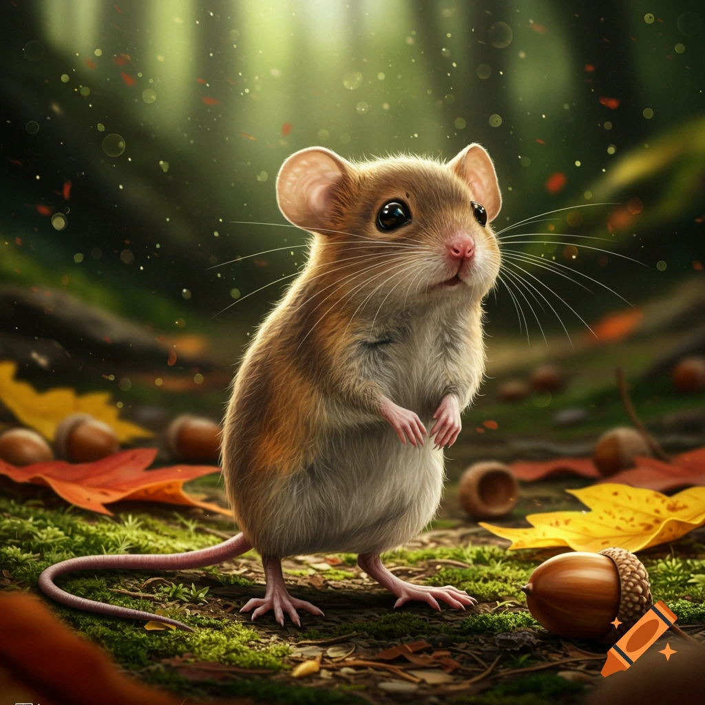 A vibrant green mouse holds a red berry next to glowing mushrooms in a ...