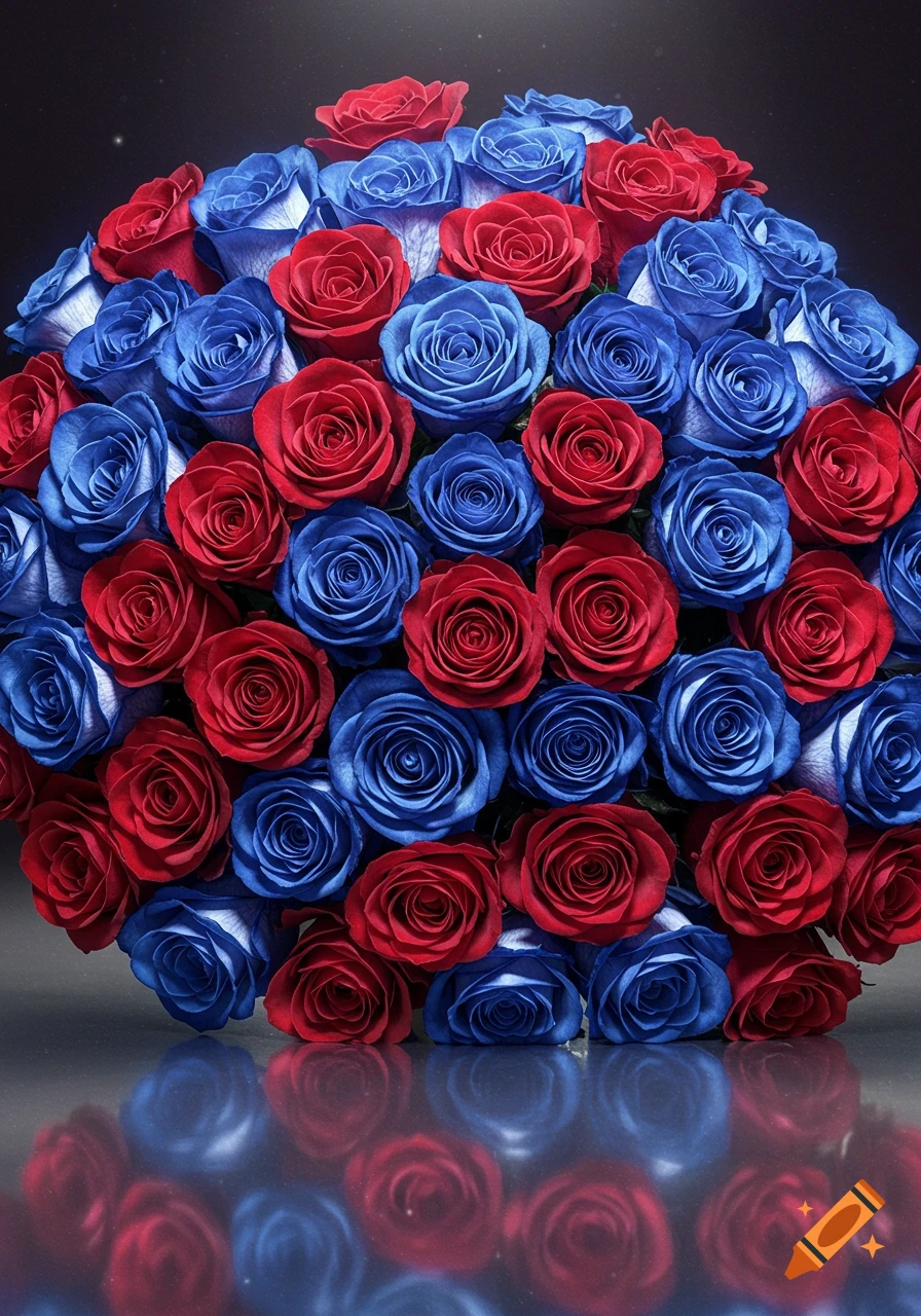 A large, dense bouquet of vibrant red and blue roses with reflections ...