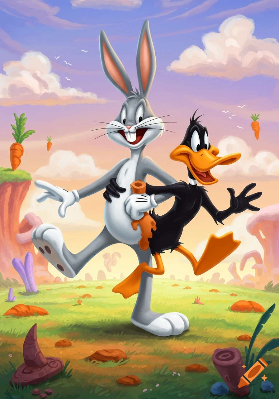 Bugs Bunny and Daffy Duck, conjoined by a golden vine, joyfully stand ...