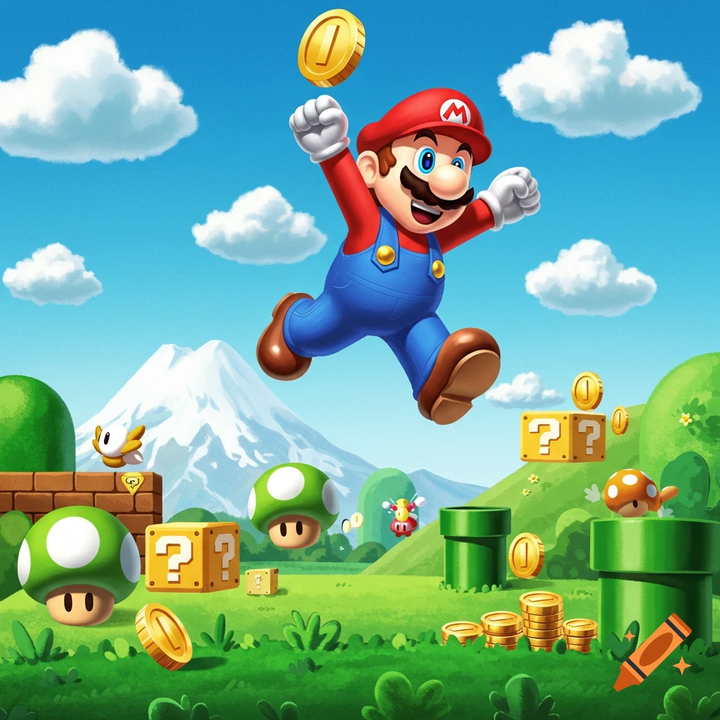 Vibrant cartoon of Mario jumping among golden coins, question blocks ...